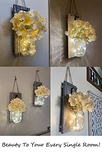 Emuardoe Mason Jar Wall Decor Rustic Wall Sconces Decorative 2 Packs LED Fairy Lights and Flowers Farmhouse Home Decor 6 Hours (Three meters, Khaki planks)