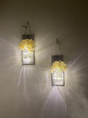 Emuardoe Mason Jar Wall Decor Rustic Wall Sconces Decorative 2 Packs LED Fairy Lights and Flowers Farmhouse Home Decor 6 Hours (Three meters, Khaki planks)