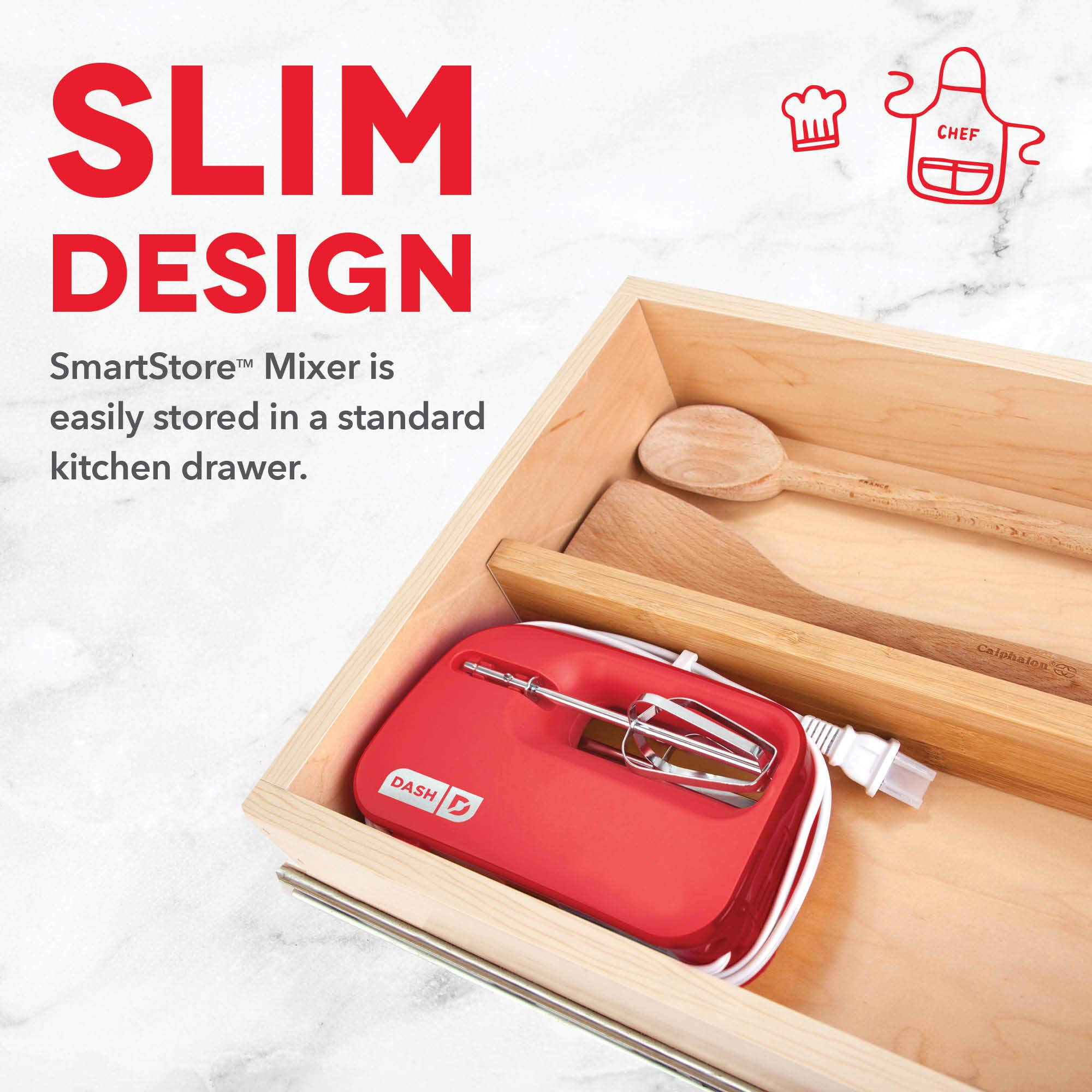 Dash SmartStore™ Deluxe Compact Electric Hand Mixer + Whisk and Milkshake Attachment for Whipping, Mixing Cookies, Brownies, Cakes, Dough, Batters, Meringues & More, 3 Speed, 150-Watt – Red