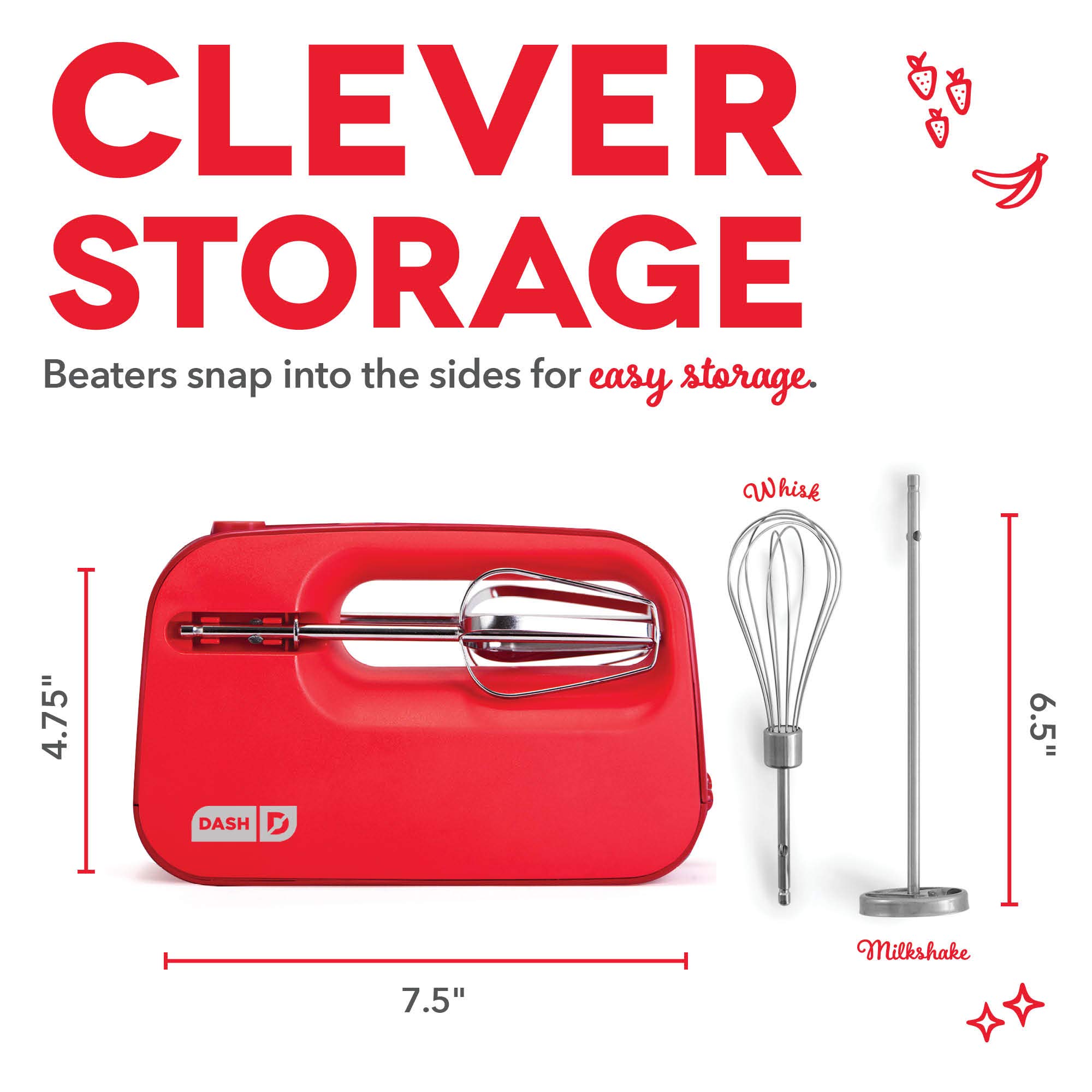 Dash SmartStore™ Deluxe Compact Electric Hand Mixer + Whisk and Milkshake Attachment for Whipping, Mixing Cookies, Brownies, Cakes, Dough, Batters, Meringues & More, 3 Speed, 150-Watt – Red
