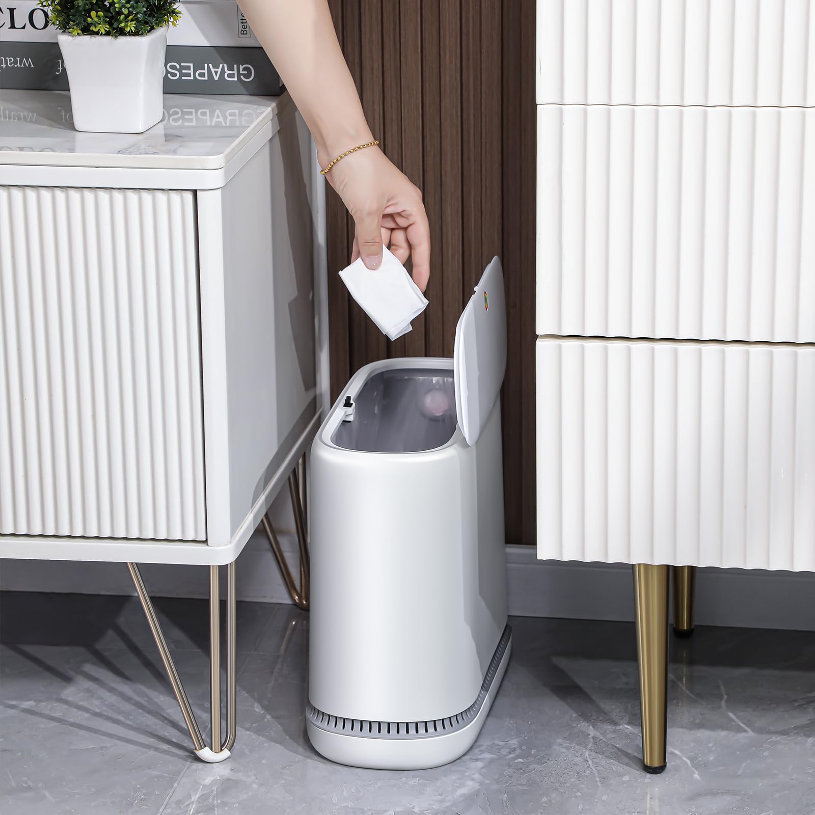 JOYBOS Bathroom Trash Cans with Lids|Small Office Garbage Cans with Automatic Lid|Motion Sensor Waterproof Trash Bin for Bedroom| 4 Gallon Plastic Narrow Wastebasket for Toilet, RV, White