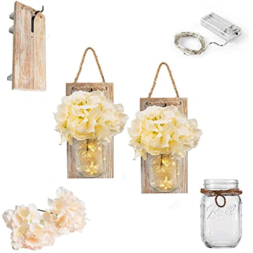 Emuardoe Mason Jar Wall Decor Rustic Wall Sconces Decorative 2 Packs LED Fairy Lights and Flowers Farmhouse Home Decor 6 Hours (Three meters, Khaki planks)