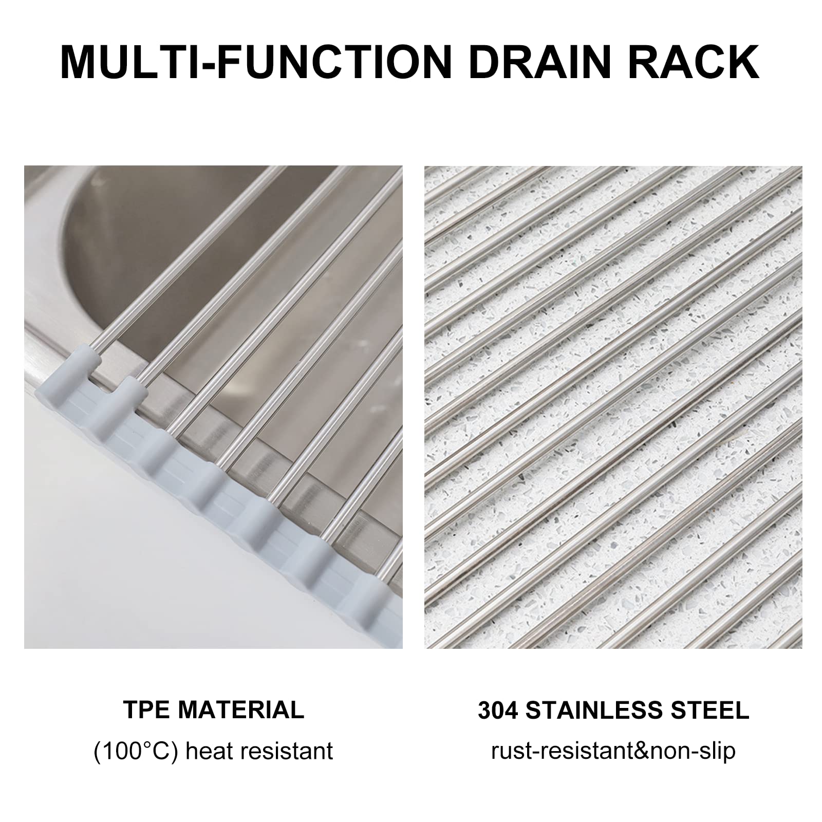 NileHome Roll Up Dish Drying Rack, Sink Drying Rack Over Sink Dish Drying Rack 304 Stainless Steel Foldable Drain Rack for Kitchen Sink Counter Utensils Vegetables and Fruits (17.5''X13''),Gray…