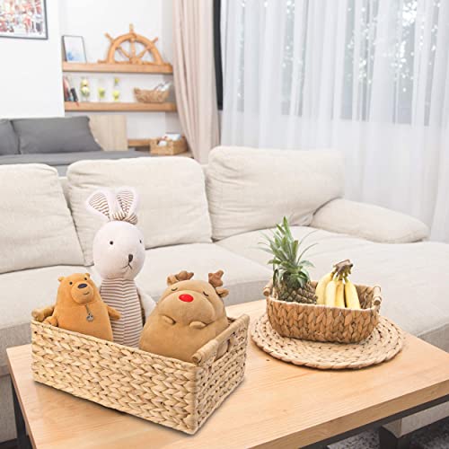 Large Wicker Basket Rectangular with Wooden Handles for Shelves, Water Hyacinth Basket Storage, Natural Baskets for Organizing, Wicker Baskets for Storage 15.5 x 10.8 x 6.2 inches