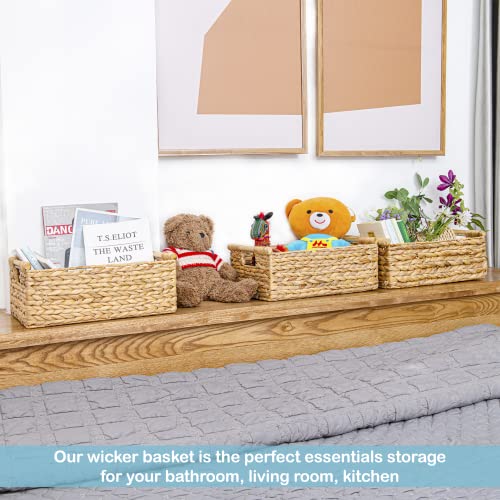 Large Wicker Basket Rectangular with Wooden Handles for Shelves, Water Hyacinth Basket Storage, Natural Baskets for Organizing, Wicker Baskets for Storage 15.5 x 10.8 x 6.2 inches