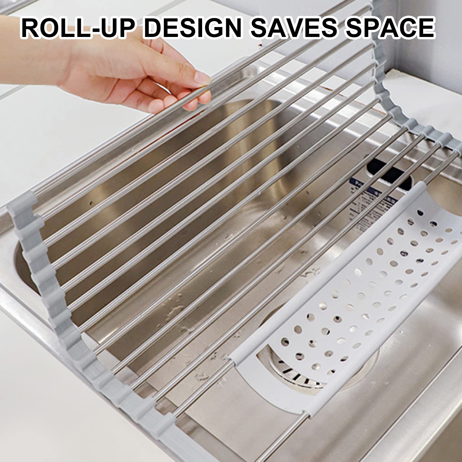 NileHome Roll Up Dish Drying Rack, Sink Drying Rack Over Sink Dish Drying Rack 304 Stainless Steel Foldable Drain Rack for Kitchen Sink Counter Utensils Vegetables and Fruits (17.5''X13''),Gray…