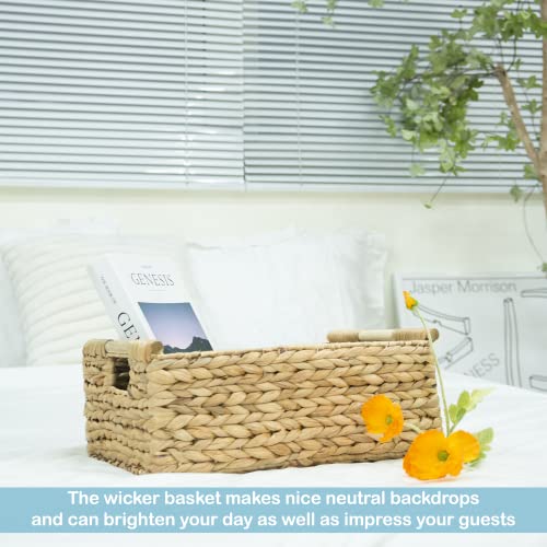 Large Wicker Basket Rectangular with Wooden Handles for Shelves, Water Hyacinth Basket Storage, Natural Baskets for Organizing, Wicker Baskets for Storage 15.5 x 10.8 x 6.2 inches