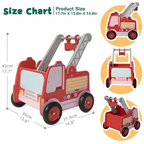 Red Fire Truck Wooden Baby Push Walker - 2-in-1 Toddler Push & Pull Toys Learning Walker Stroller Walker with Wheels for Baby Girls Boys 1-3 Years Old