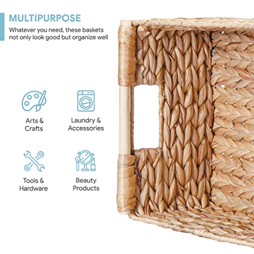 Large Wicker Basket Rectangular with Wooden Handles for Shelves, Water Hyacinth Basket Storage, Natural Baskets for Organizing, Wicker Baskets for Storage 15.5 x 10.8 x 6.2 inches