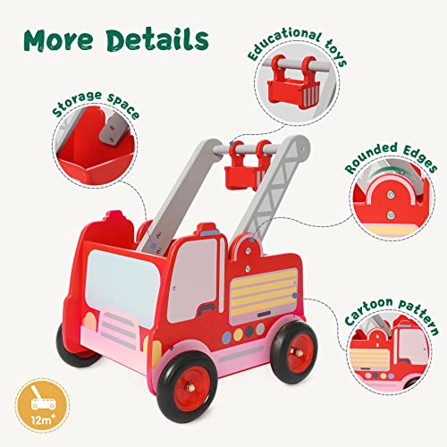 Red Fire Truck Wooden Baby Push Walker - 2-in-1 Toddler Push & Pull Toys Learning Walker Stroller Walker with Wheels for Baby Girls Boys 1-3 Years Old