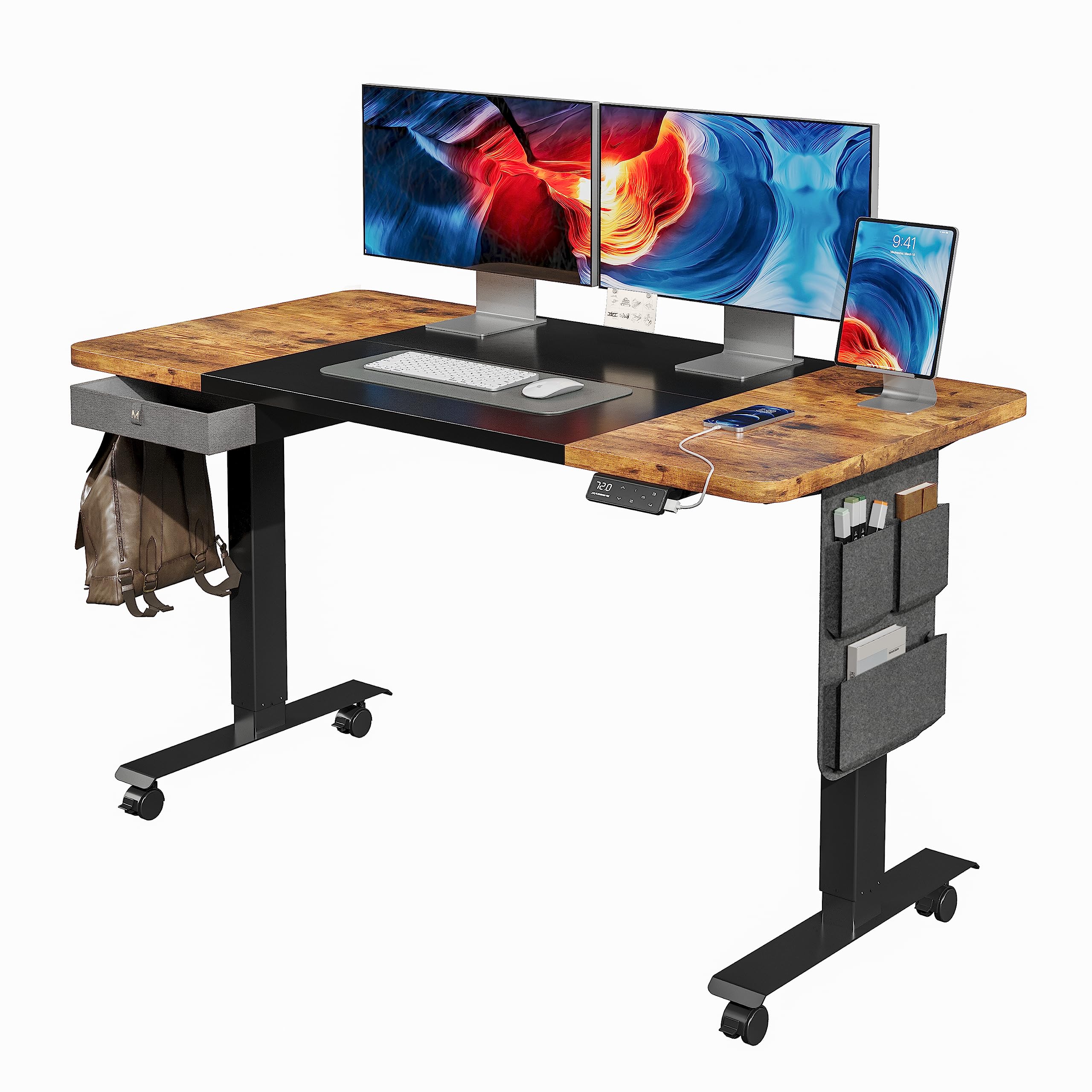 MAIDeSITe Standing Desk Adjustable Height, 55 Inch Stand Up Desk, Electric Sit Stand Desk with Caster Wheels, Drawer and Cable Management Tray for Home Office, Rustic Brown+Black Desktop