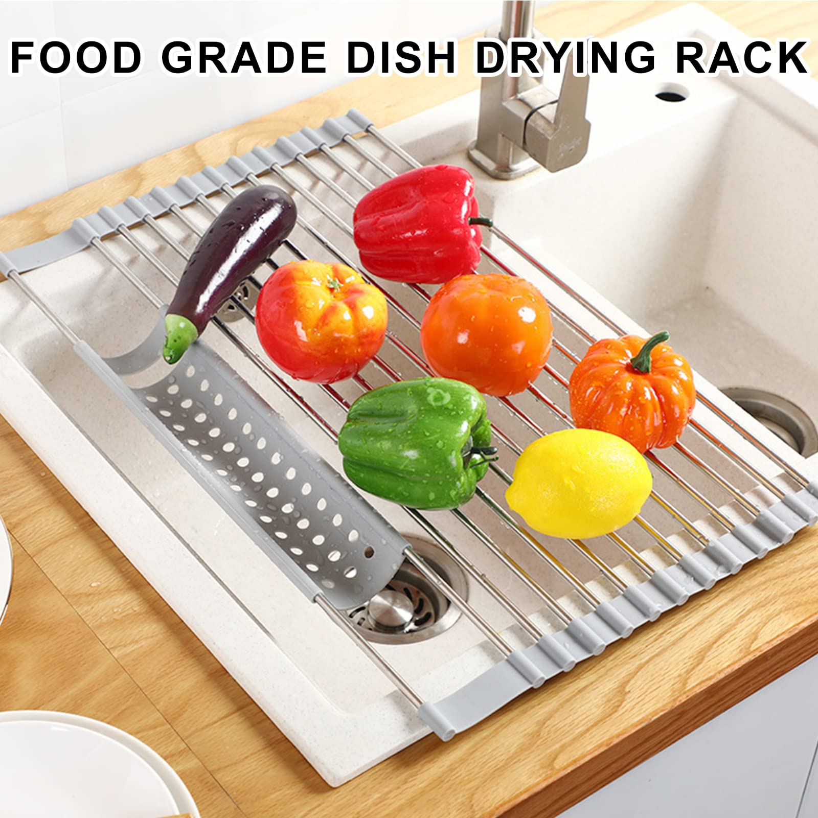 NileHome Roll Up Dish Drying Rack, Sink Drying Rack Over Sink Dish Drying Rack 304 Stainless Steel Foldable Drain Rack for Kitchen Sink Counter Utensils Vegetables and Fruits (17.5''X13''),Gray…