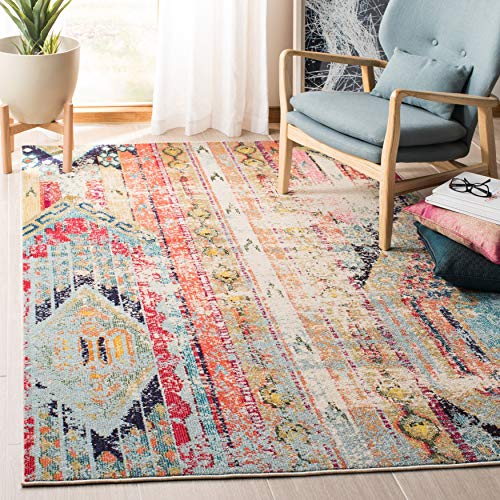 SAFAVIEH Madison Collection 4' x 6' Green / Orange MAD422Y Boho Chic Tribal Distressed Non-Shedding Living Room Bedroom Accent Rug