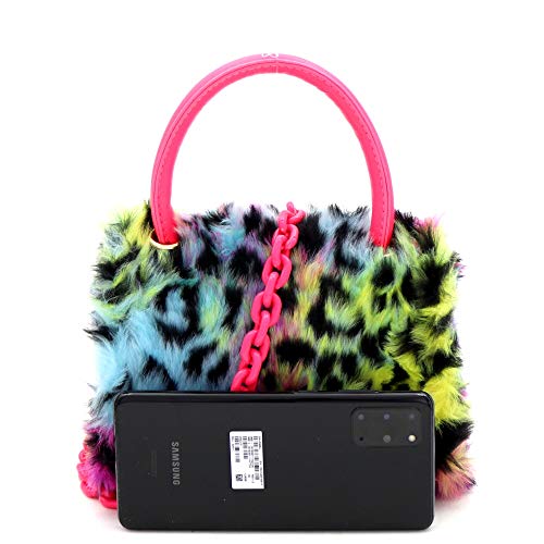 Cute Retro Plastic Chain Vegan Leather Fur Mini Satchel Bag Crossbody Clutch (2Faux Fur Leopard Multicolor/Neon Pink Chain)