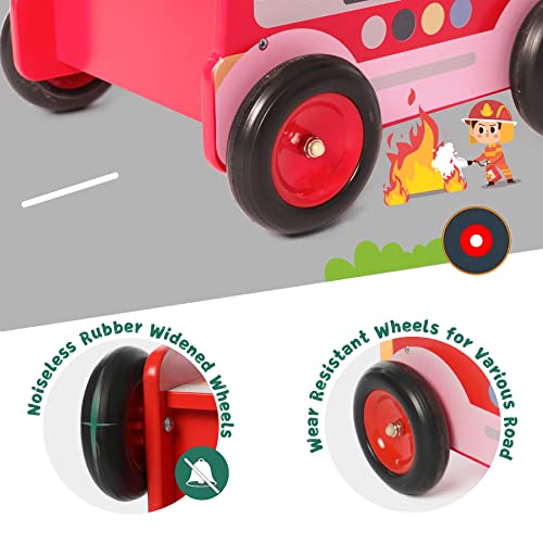 Red Fire Truck Wooden Baby Push Walker - 2-in-1 Toddler Push & Pull Toys Learning Walker Stroller Walker with Wheels for Baby Girls Boys 1-3 Years Old