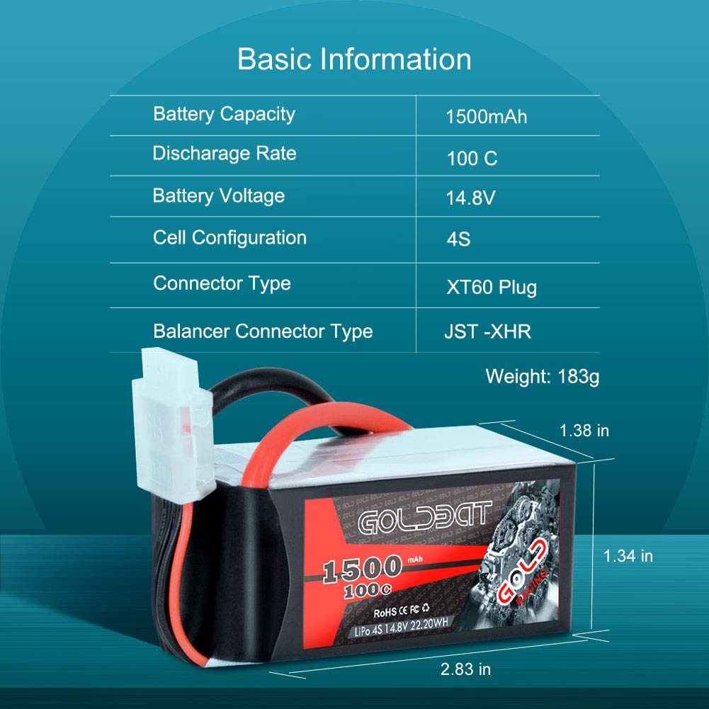 GOLDBAT 4S 1500mAh 100C 14.8V LiPo Battery Pack with XT60 Plug for Heli Airplane Drone FPV Racing (2 Packs)