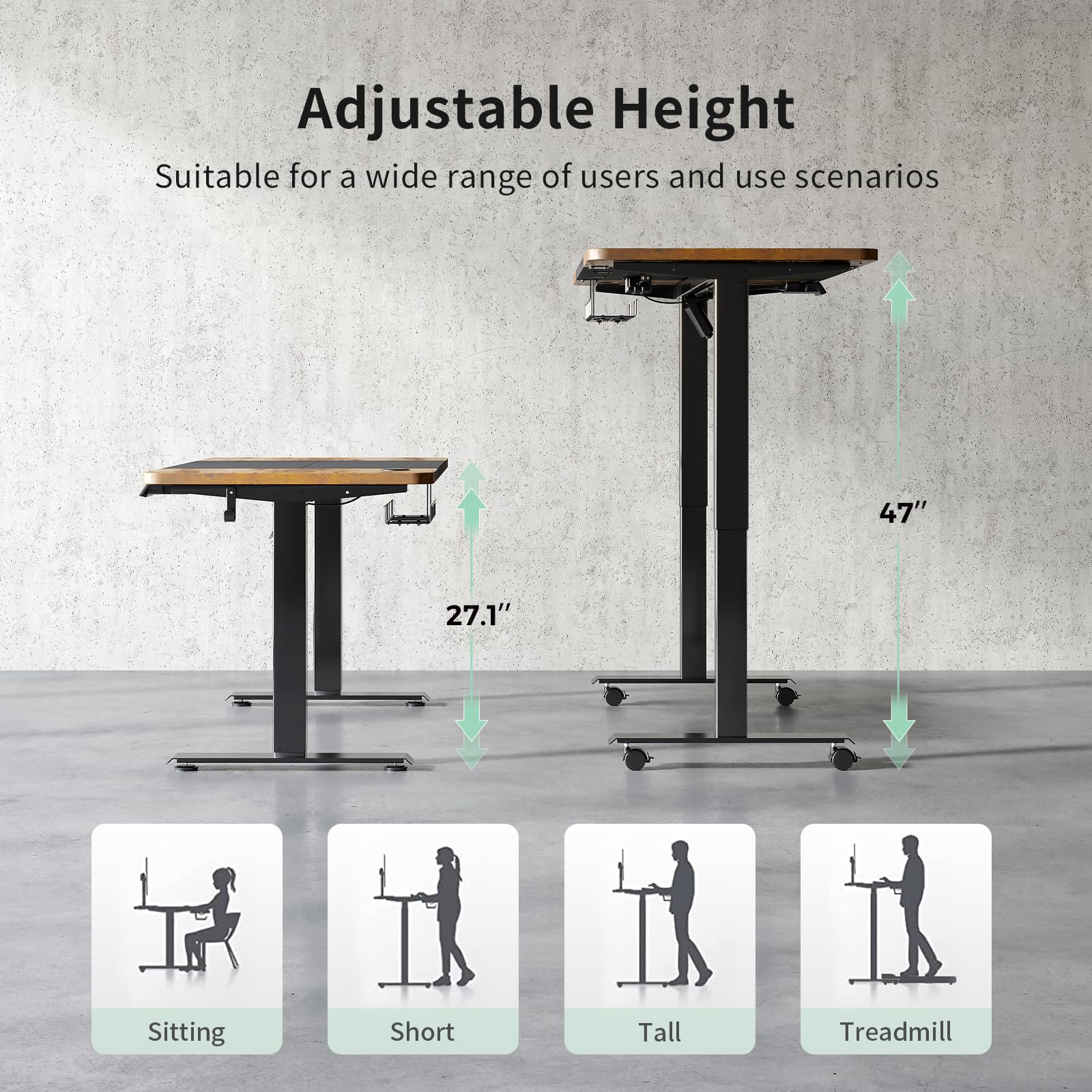 MAIDeSITe Standing Desk Adjustable Height, 55 Inch Stand Up Desk, Electric Sit Stand Desk with Caster Wheels, Drawer and Cable Management Tray for Home Office, Rustic Brown+Black Desktop