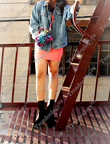 Cute Retro Plastic Chain Vegan Leather Fur Mini Satchel Bag Crossbody Clutch (2Faux Fur Leopard Multicolor/Neon Pink Chain)