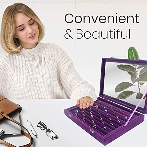 Ring Organizer Display Case ~ 11 Rows Multiple Ring Holder ~ Jewelry Tray Organizer With Studs ~ Ring & Earring Holder Storage Box For Shows With Transparent Lid (Purple)