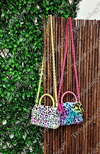 Cute Retro Plastic Chain Vegan Leather Fur Mini Satchel Bag Crossbody Clutch (2Faux Fur Leopard Multicolor/Neon Pink Chain)