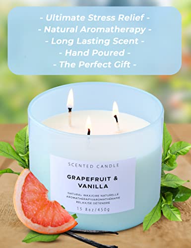 3 Wick Scented Candle | Grapefruit Vanilla Stress Relief Aromatherapy Candle with Berries, Bergamot, Rose & Lemon | 15.8 oz Highly Scented Candles for Men & Women | Large Natural Soy Candles for Home