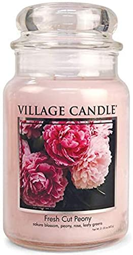 Village Candle Fresh Cut Peony Large Glass Apothecary Jar Scented Candle, 21.25 oz, Light Pink