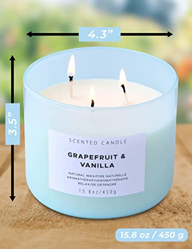 3 Wick Scented Candle | Grapefruit Vanilla Stress Relief Aromatherapy Candle with Berries, Bergamot, Rose & Lemon | 15.8 oz Highly Scented Candles for Men & Women | Large Natural Soy Candles for Home