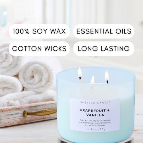 3 Wick Scented Candle | Grapefruit Vanilla Stress Relief Aromatherapy Candle with Berries, Bergamot, Rose & Lemon | 15.8 oz Highly Scented Candles for Men & Women | Large Natural Soy Candles for Home