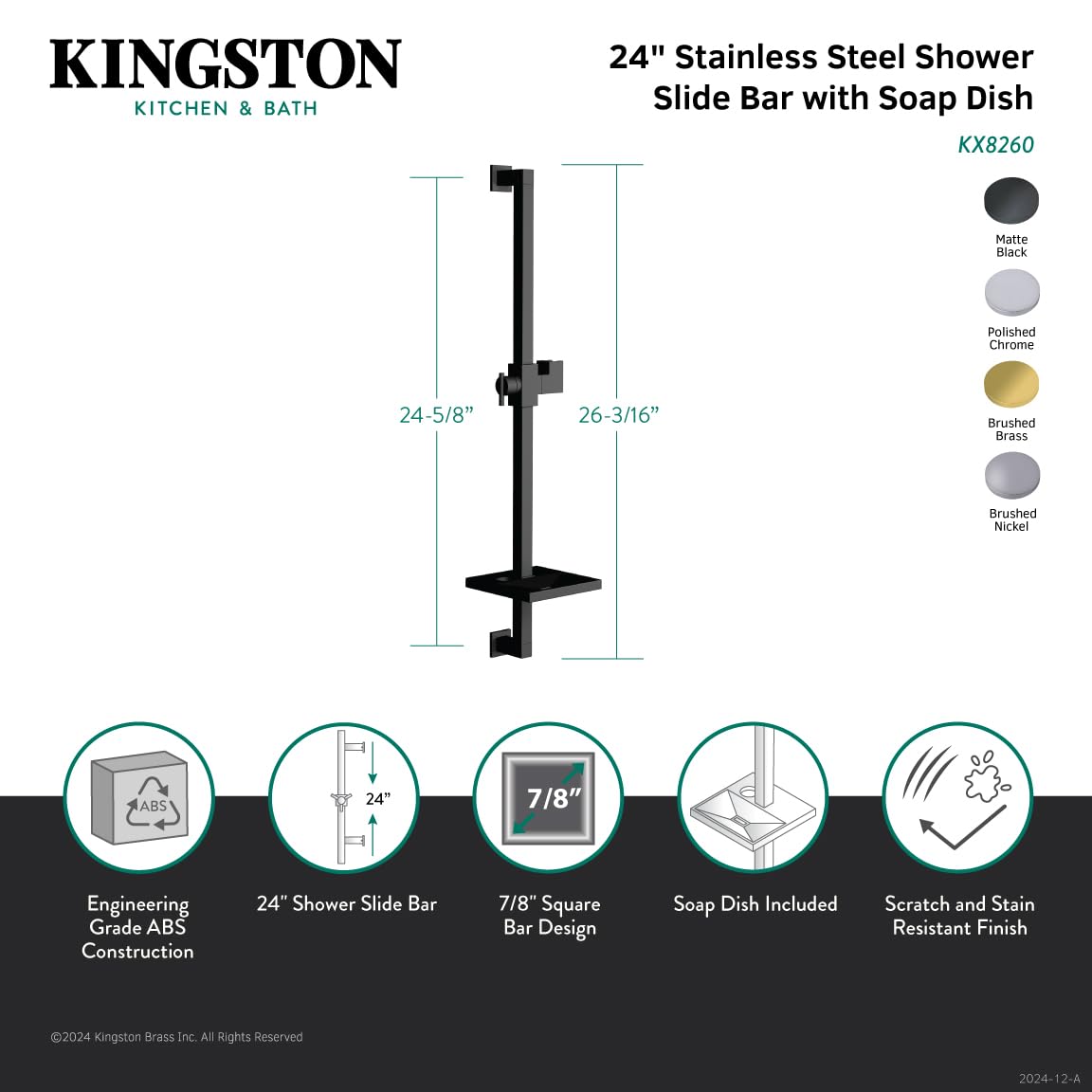Kingston Brass KX8261 Designer Trimscape Showerscape 23-3/5-Inch ABS and Stainless Steel Slide Bar with Soap Dish, Polished Chrome