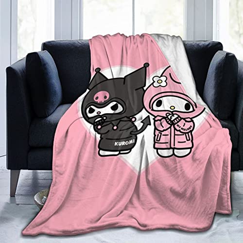Kuromi and My Melody Flannel Throw Blanket Fringe Lightweight Cozy Ultra Soft Couch Bed Sofa Chair for Kids Boys Girls Adults 50"X40"