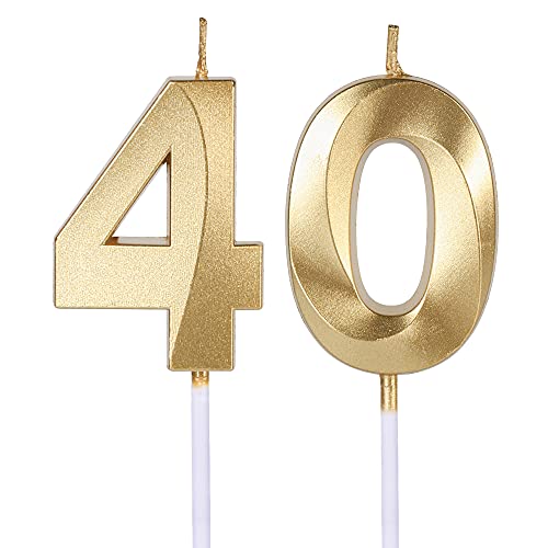 Gold 40th Birthday Candles for Cakes, Number 40 4 Glitter Candle Cake Topper for Party Anniversary Wedding Celebration Decoration