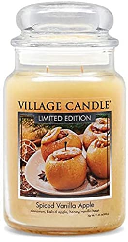 Village Candle Spiced Vanilla Apple, Large Glass Apothecary Jar Scented Candle, 21.25 oz, Ivory