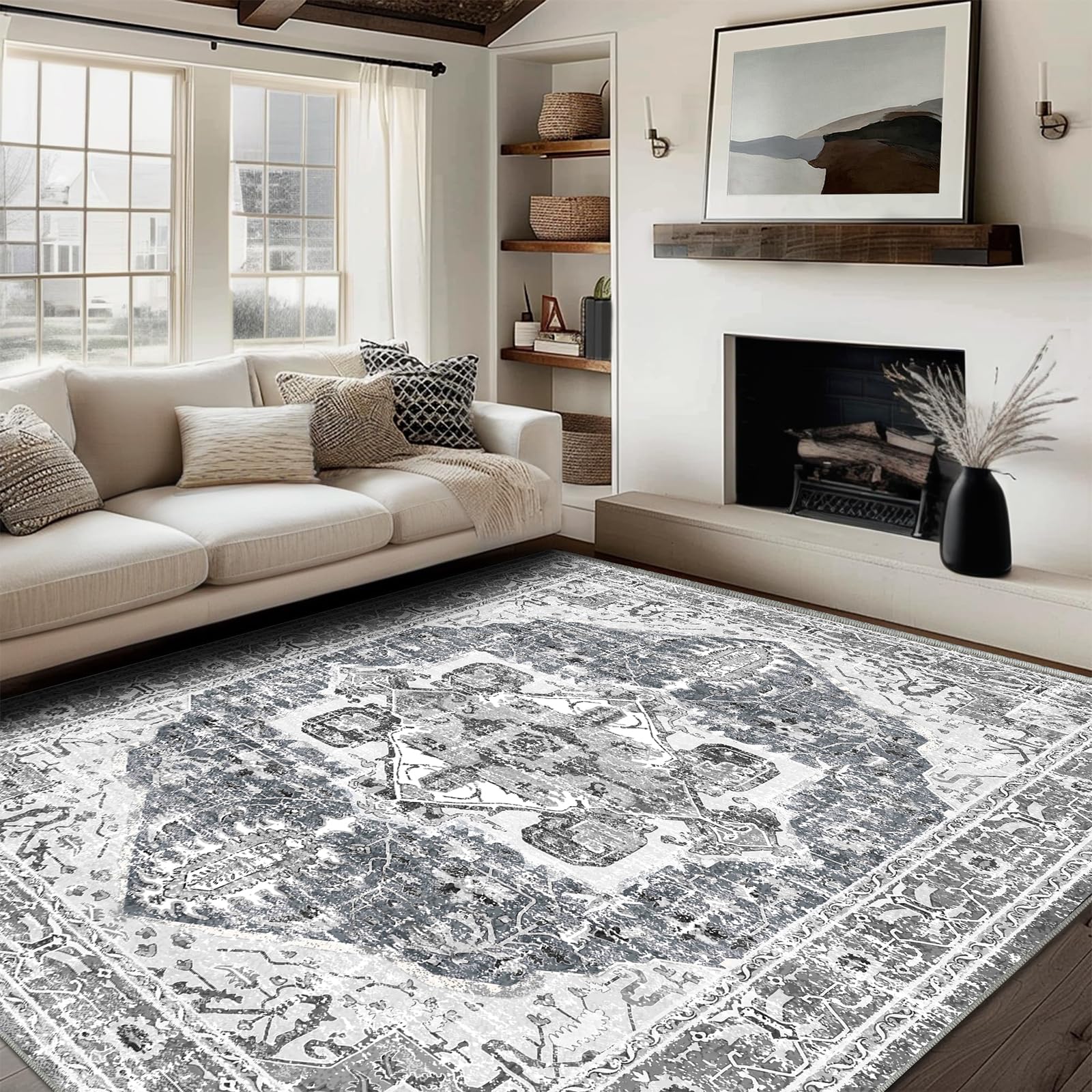 QD-Udreamy Area Rugs for Living Room - 9x12 Area Rugs, Machine Washable Rugs 9x12, Non-Slip, Stain Resistant Soft Boho Vintage Large Carpet Low Pile Thin Rugs for Living Room Bedroom