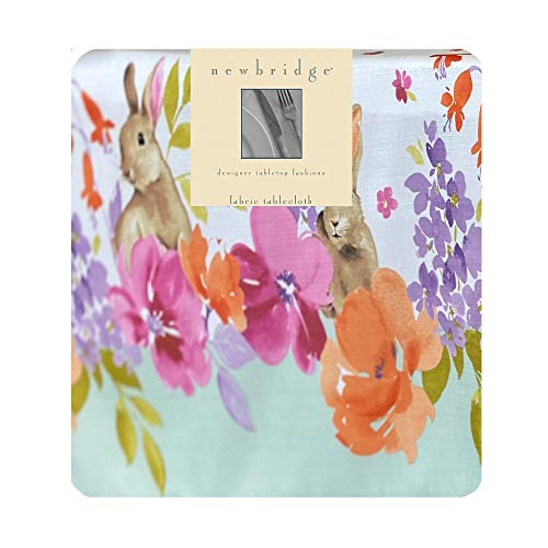 Newbridge Bunny Flower Fields Easter and Spring Fabric Double Bordered Tablecloth - Cute Bunny Rabbit and Vivid Pastel Floral Easy Care, Stain Resistant Fabric Tablecloth, 60β x 84β Oval