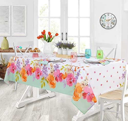 Newbridge Bunny Flower Fields Easter and Spring Fabric Double Bordered Tablecloth - Cute Bunny Rabbit and Vivid Pastel Floral Easy Care, Stain Resistant Fabric Tablecloth, 60β x 84β Oval