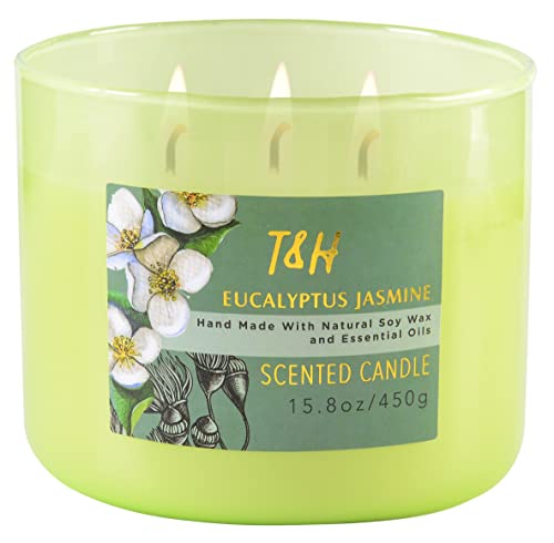 Stress Relief Aromatherapy Candle for Men & Women - Eucalyptus Jasmine 3 Wick Candle with Lavender, Mandarin & Balsam - Strong Scented Candles for Home 15.8 oz - Natural Soy Candles, Eucalyptus Candle