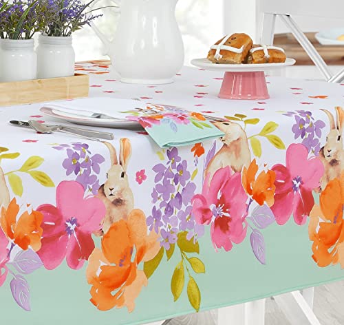 Newbridge Bunny Flower Fields Easter and Spring Fabric Double Bordered Tablecloth - Cute Bunny Rabbit and Vivid Pastel Floral Easy Care, Stain Resistant Fabric Tablecloth, 60β x 84β Oval