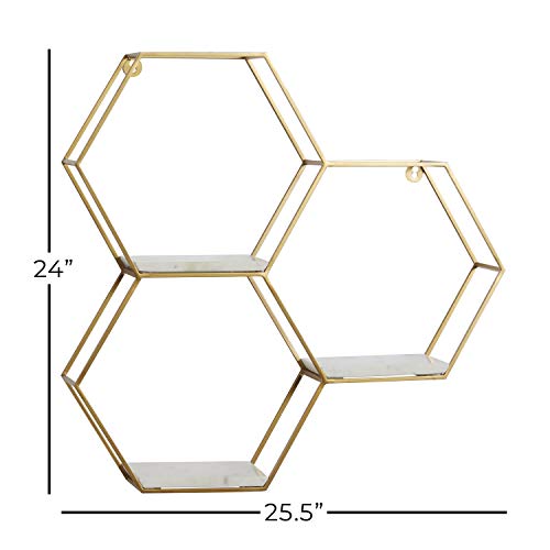 Deco 79 Marble Hexagon 3 Marble Shelves Wall Shelf, 24" x 6" x 24", Gold