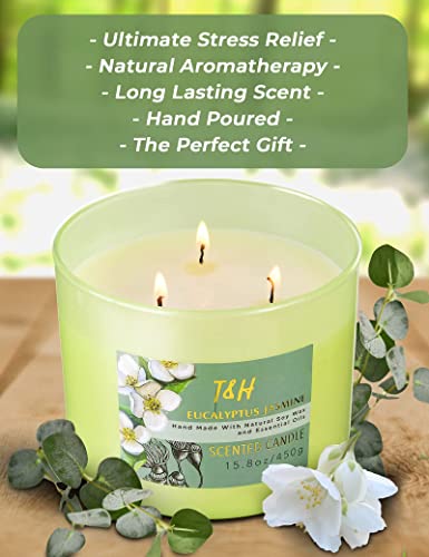 Stress Relief Aromatherapy Candle for Men & Women - Eucalyptus Jasmine 3 Wick Candle with Lavender, Mandarin & Balsam - Strong Scented Candles for Home 15.8 oz - Natural Soy Candles, Eucalyptus Candle