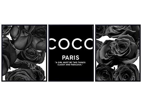 Motivational Inspirational Quote Set - Glam Wall Decor Artwork - Fashion Design Home Art - Bedroom, Living Room, Bathroom, Office - Luxury Gift for Women, Fashionista - Black Roses Set - UNFRAMED