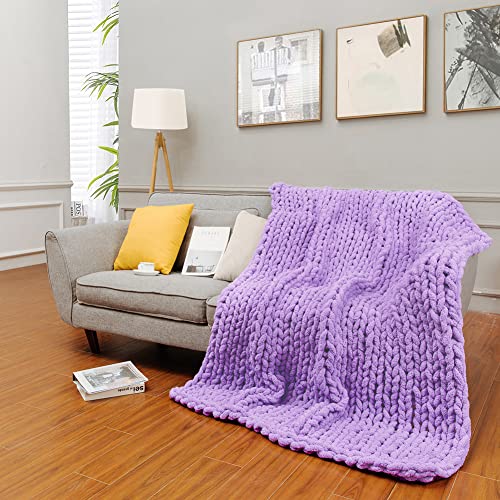 Chunky Knit Throw Blanket Soft Cozy Chenille Casual Handwoven Blanket for Bed Sofa Chair Home Decor (Purple, 40" × 80")