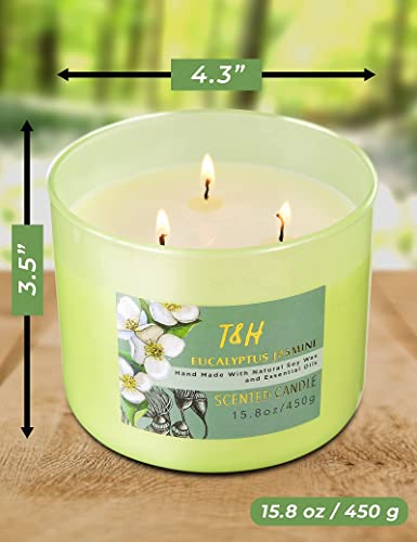 Stress Relief Aromatherapy Candle for Men & Women - Eucalyptus Jasmine 3 Wick Candle with Lavender, Mandarin & Balsam - Strong Scented Candles for Home 15.8 oz - Natural Soy Candles, Eucalyptus Candle