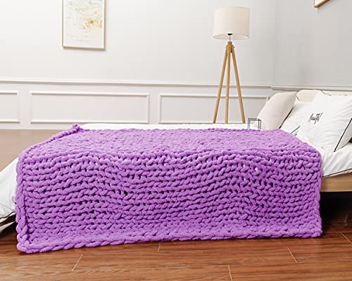 Chunky Knit Throw Blanket Soft Cozy Chenille Casual Handwoven Blanket for Bed Sofa Chair Home Decor (Purple, 40" × 80")
