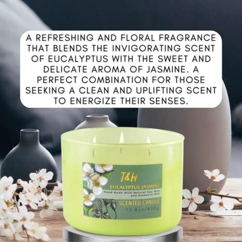 Stress Relief Aromatherapy Candle for Men & Women - Eucalyptus Jasmine 3 Wick Candle with Lavender, Mandarin & Balsam - Strong Scented Candles for Home 15.8 oz - Natural Soy Candles, Eucalyptus Candle
