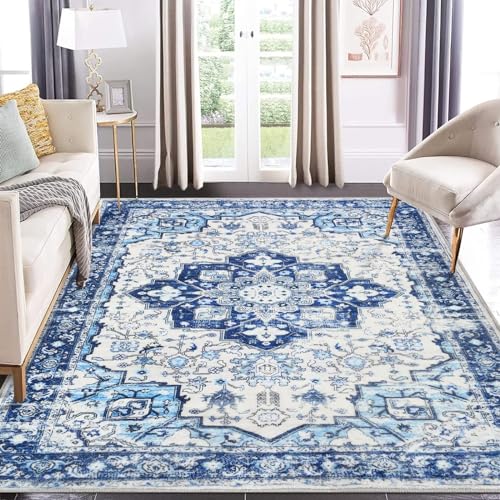 COZYLOOM Vintage Rug 9x12 Large Washable Area Rug Soft Medallion Distressed Floor Cover Traditional Indoor Foldable Rug Floral Print Accent Thin Rug Retro Carpet for Living Room Bedroom Office Blue