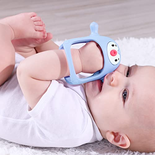 Smily Mia Penguin Buddy Never Drop Silicone Teething Toys for Babies 0-6month,Infant Hand Teether Pacifiers for 0-6Months Breastfeeding Babies, Easter Baby Basket Stuffers for 3-6Months,Light Blue
