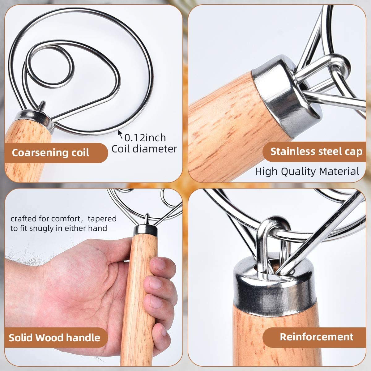 Danish Dough Whish Bread Mixer, 2 Pack Stainless Steel Dutch Whisk Hand Mixer Wooden Handle Kitchen Baking Tool for Baking Cake Dessert Sourdough Pizza and Pastry, Artisian Blender.