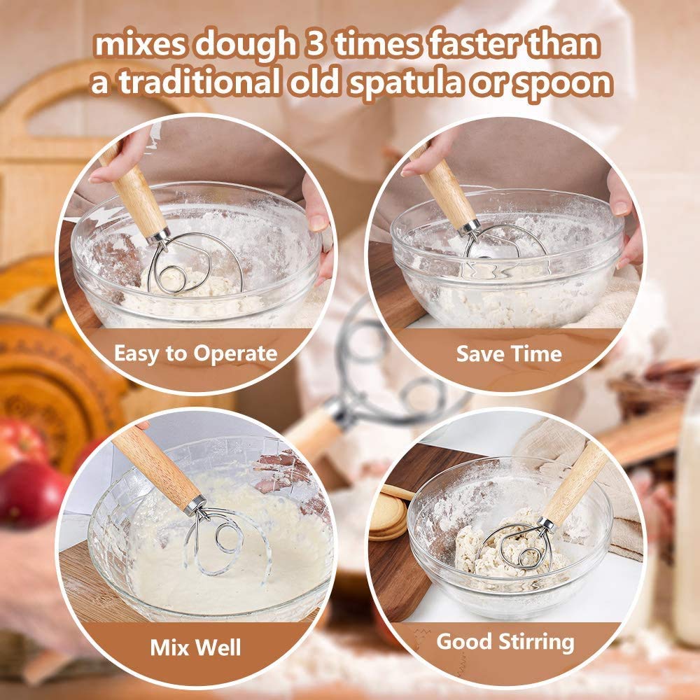 Danish Dough Whish Bread Mixer, 2 Pack Stainless Steel Dutch Whisk Hand Mixer Wooden Handle Kitchen Baking Tool for Baking Cake Dessert Sourdough Pizza and Pastry, Artisian Blender.