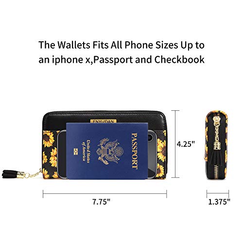 ENYISDAN Wristlet Wallets for Women Sunflower RFID Blocking Leather Zip Cute Long Purse Clutch