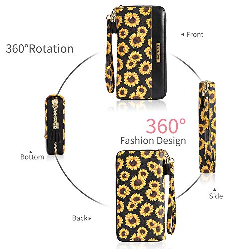 ENYISDAN Wristlet Wallets for Women Sunflower RFID Blocking Leather Zip Cute Long Purse Clutch